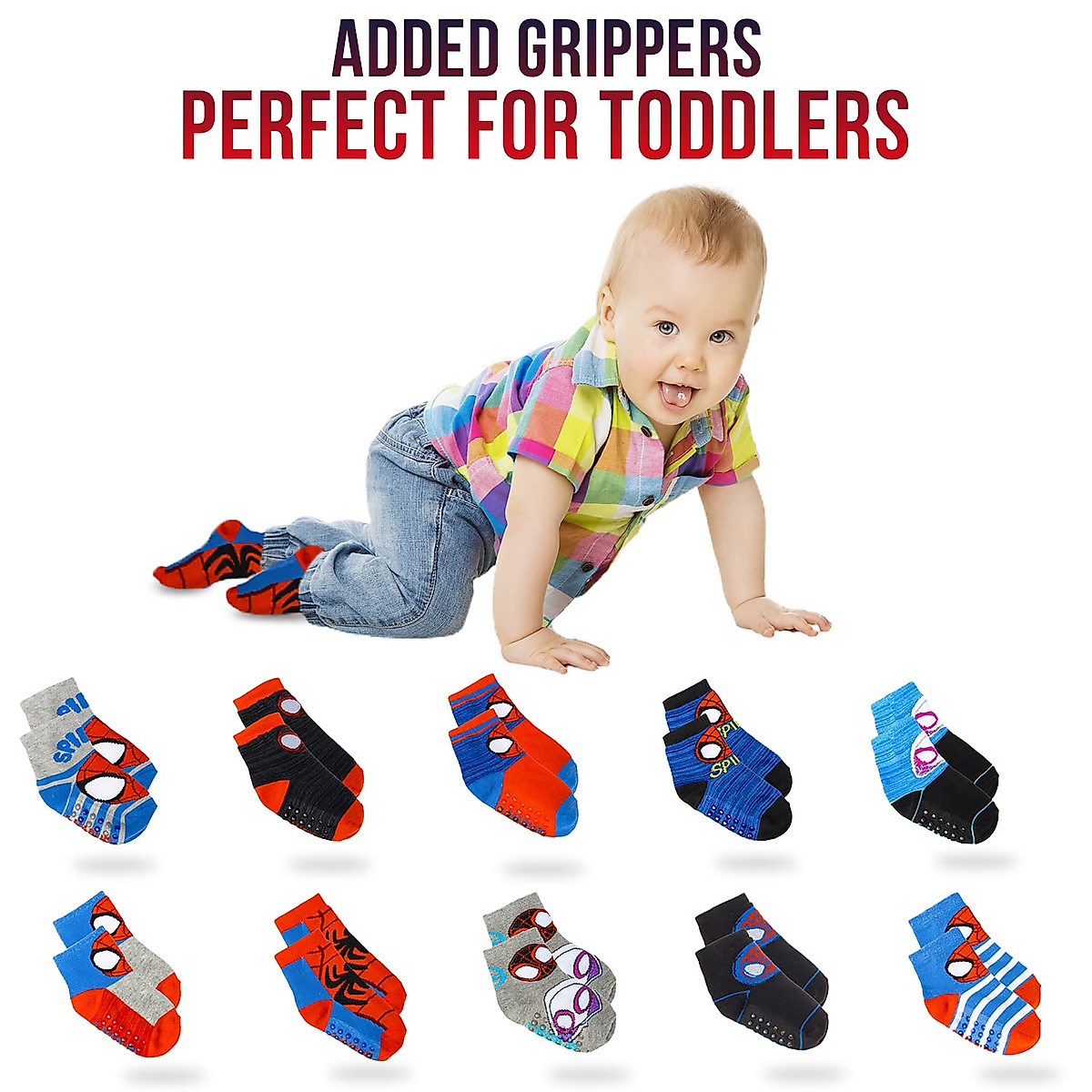 Spiderman Grip Socks, Socks for Toddler Boys, 10 Pack, Spider man Toddler Gripper Socks, Amazing Spiderman Variety Pack 2-3T
