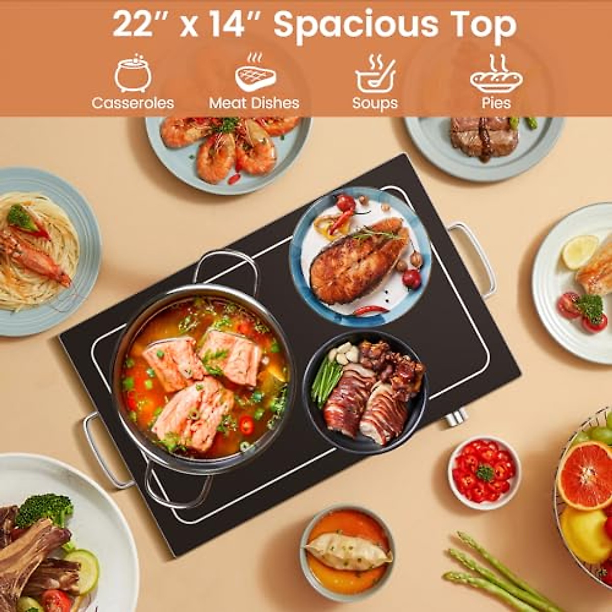 KOTEK Electric Warming Tray, Glass Top Hot Plate with Adjustable Temperature Control, Cool Touch Handles, Stainless Steel Panel, Extra Large Food Warmer for Buffets, Parties, Restaurants, Dinner (2)