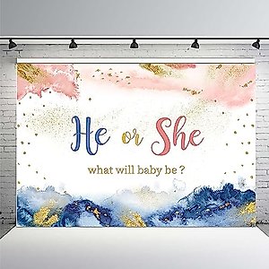 MEHOFOND 7x5ft Gender Reveal He or She Backdrop What Will Baby Be Baby Shower Backdground Boy or Girl Photography Photo Booth Banner Gold Glitter Newborn Party Photo Studio Booth Props