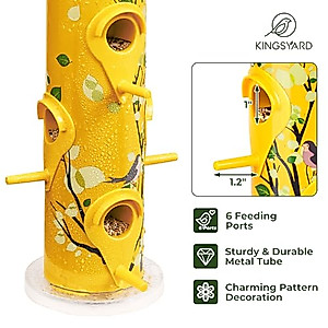 Kingsyard Metal Bird Feeders for Outdoors Hanging, 6-Ports Tube Bird Feeder, 14 inch, Durable & Weatherproof, Large Capacity for Attracting Wild Birds (Yellow)