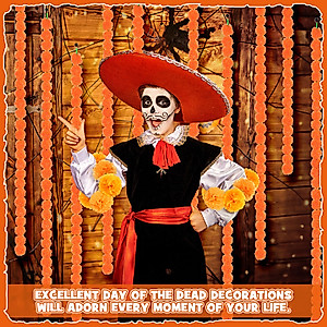 Yunsailing 65 Pcs Day of The Dead Decorations 5 Pcs 5 ft Artificial Marigold Garland 60 Pcs Faux Marigold Flower Heads Plastic Indian Garland Silk Indian Flowers for Decoration Diwali (Orange)