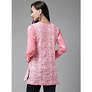 Ada Indian Hand Embroidered Chikankari Women's Pink Georgette Top Tunic Shirt Kurti A911225 (XX-Large)