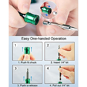 Upgrade, Push to Unlock,katerk 6pcs 1/4 inch Hex Shank Aluminum Alloy Screwdriver Bits Holder Light-weight Quick-change Extension Bar Keychain Drill Screw Adapter Change Portable, With Black Carabiner