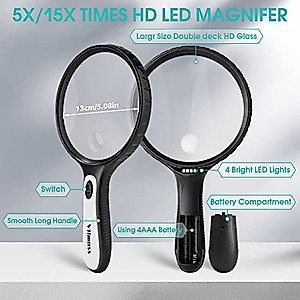 Magnifying Glass with Light, Large Magnifier 5X 15X Handheld Illuminated Lighted Magnifier with 4 LED Lights Storage Bag Clean Cloth for Seniors Reading, Inspection, Exploring