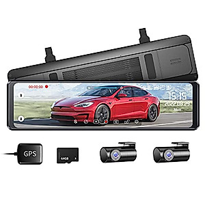 LINGDU LD03 12" Full Touch Screen Mirror Dash Cam with Detached Camera, Front and Rear Dual Cameras, Backup View Mirror Camera, FHD 1080P, Super Night Vision for Car, Includes Free 64GB Card & GPS