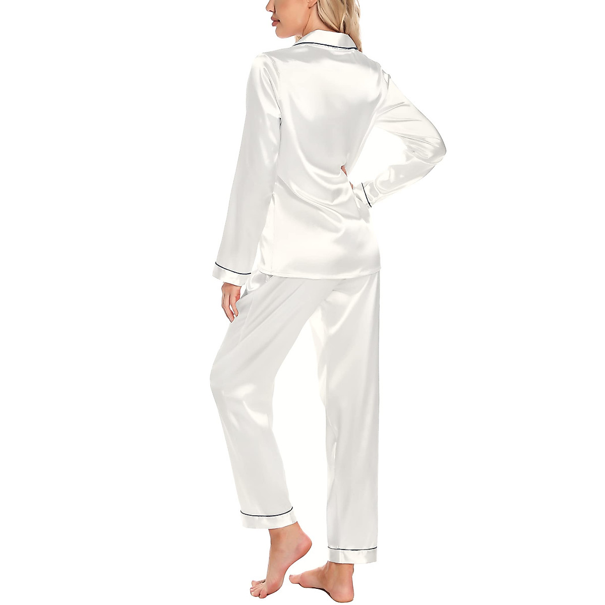 Pjmlifecoco Pj Sets for Women Silk Satin Pajama 2 Piece Long Sleeve Button Down Soft Sleep Pjs Set Sleepwear White