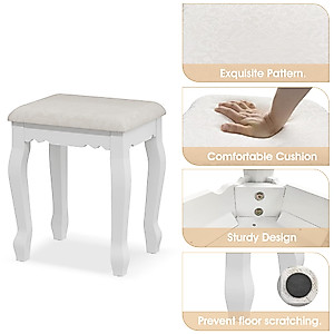 Vanity Desk with Mirror and Lights, Modern Vanity Makeup Table and Cushioned Stool Set with 4 Drawers, 3 Color Lighting Modes with Adjustable Brightness, Dressing Table Set for Bedroom (White)