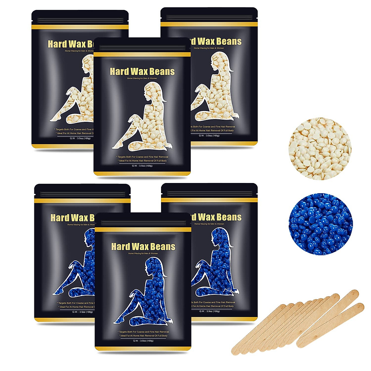 Wax Beads for Hair Removal, Wissonlyn 6 Pack of Hard Wax Beans, 1.3lb/21.2oz for Brazilian Waxing Sensitive Skin Bikini Face Eyebrow Back Chest Legs Body, At Home Waxing Beads 10 Applicator