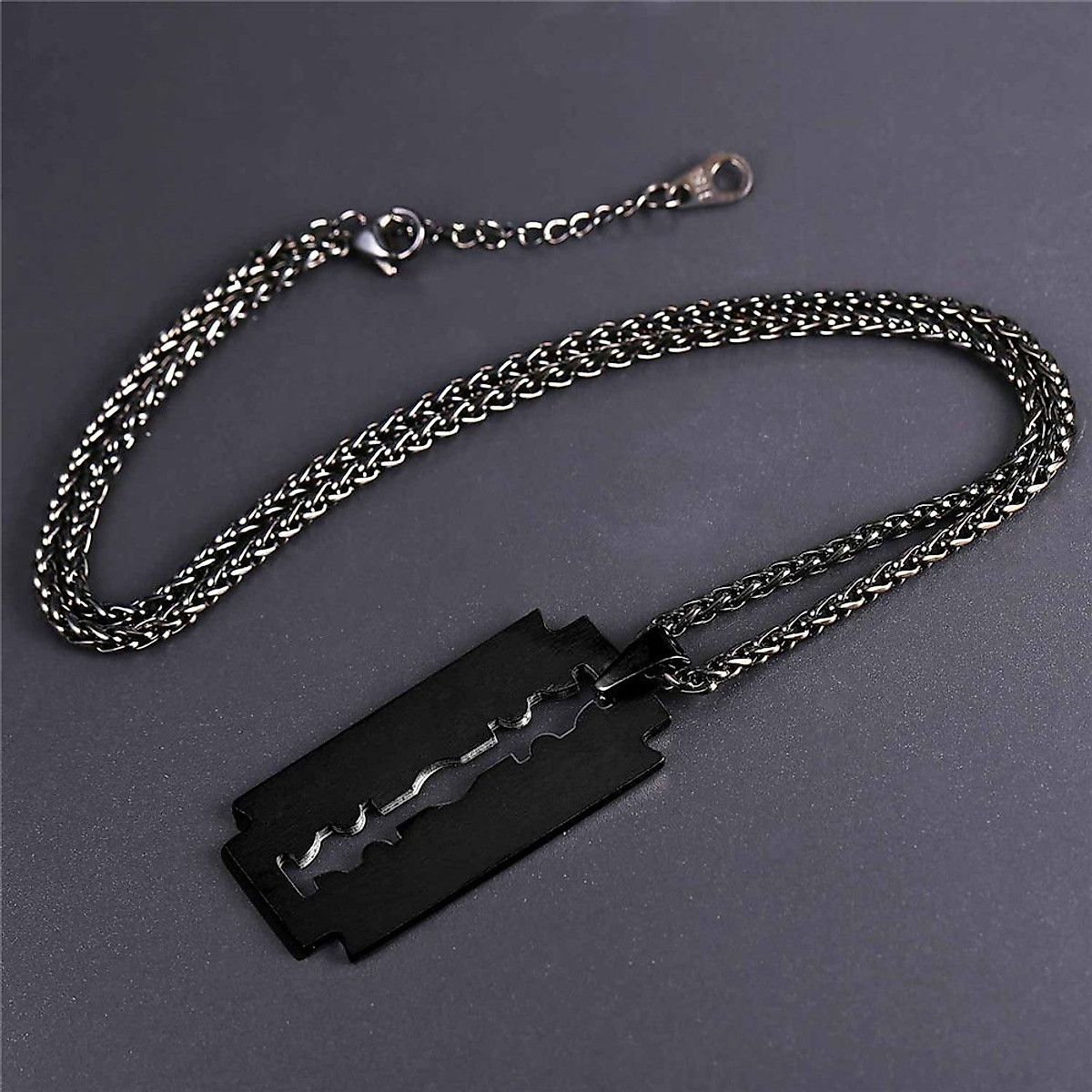 U7 Punk Jewelry Edgy Necklace with Black Wheat Rope Chain Ion Plating Black Men Razor Blade Pendant