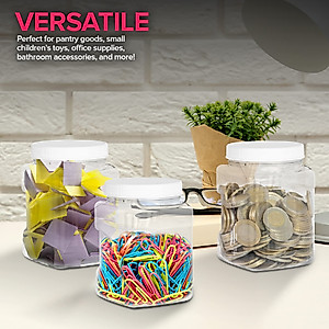 Stock Your Home Plastic Storage Jars (6 Pack) - 32 Oz Square Plastic Canisters with Lids - Shatterproof Plastic Storage Jars with Lids - Reusable Wide Mouth Clear Plastic Containers with Lids