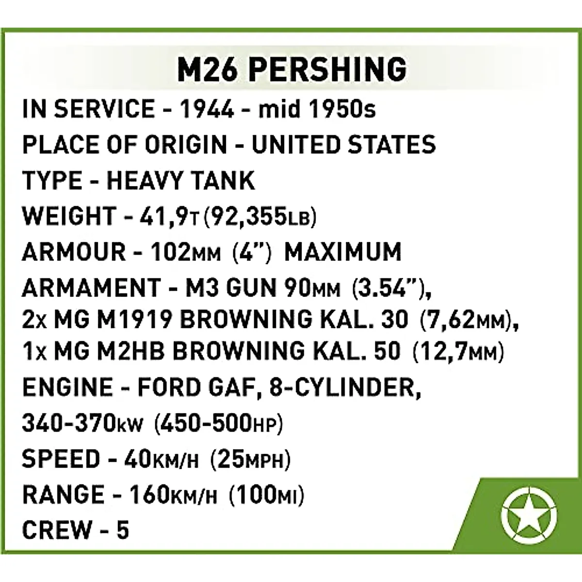 COBI Historical Collection World War II M26 Pershing (T26E3) Tank