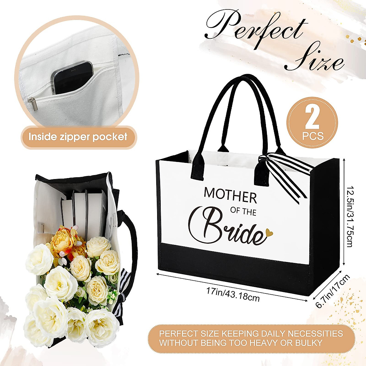 2 Pieces Mother of Bride and Groom Gift Set, Canvas Tote Bag for Mother of the Groom Mother of the Bride, Wedding, Engagement, Bridal Shower for Parents Future Mother in Law Gifts, Shoulder Bag Bulk