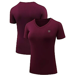 NELEUS Women's 3 Pack V Neck Compression Running Shirt Workout Clothes,8016,Black/Grey/Burgundy,Medium