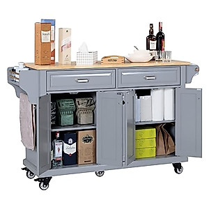 Cambridge Rolling Kitchen Island on Wheels Utility Cart with Spice and Towel Racks and Rubber Wood Countertop, Storage Drawers, Door Cabinets, Gray