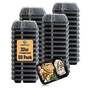 Fonteme 2 Compartment Meal Prep (50 Pack) Food Container with Airtight Lids | Easy Portion Control | Freezer & Microwave Safe Stackable BPA Free Plastic Rectangular Disposable Storage Container