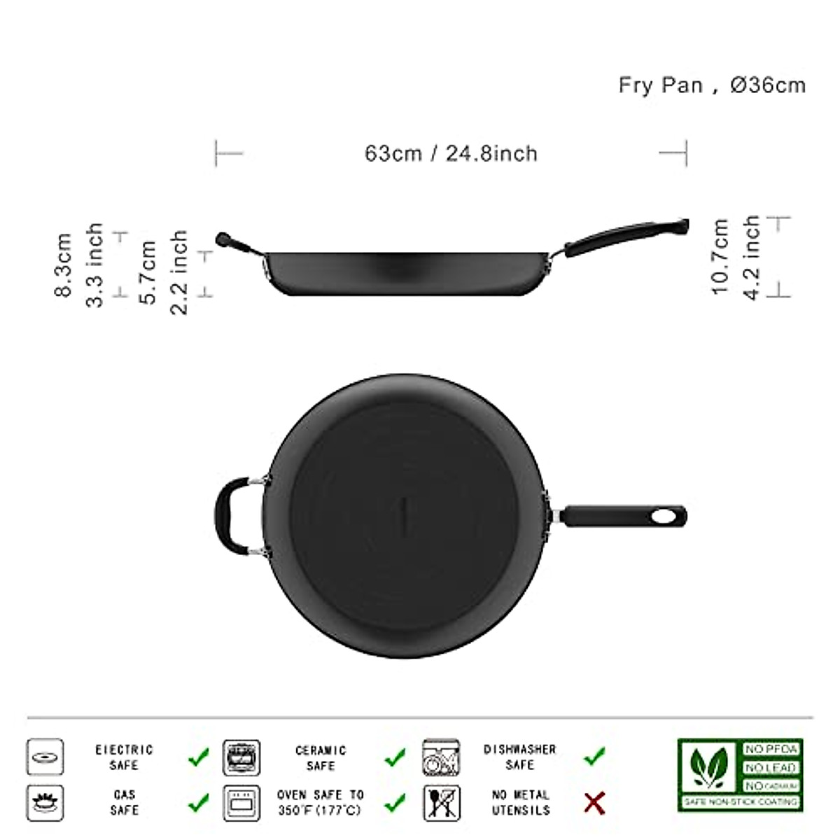 Amazon Basics Hard Anodized Non-Stick 14-Inch Skillet with Helper Handle, Black