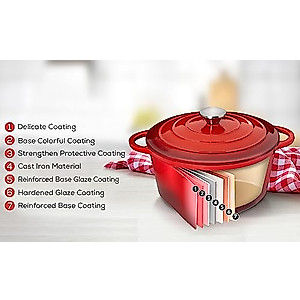 Hystrada Enameled Cast Iron Dutch Oven - 5qt Dutch Oven Pot with Lid and Steel Knob 500 degrees - Cookware for Gas, Electric & Ceramic Stoves - Red Enamel - Cooking & Baking