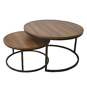 Nathan James Stella Round Modern Nesting Coffee (Set of 2), Stacking Living Room Accent Tables with Tabletops and Matte Metal Frame, Reclaimed Oak/Gunmetal