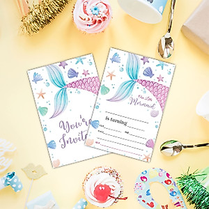 AWSICE Little Mermaid Birthday Invitations, Under The Sea Fill-In Invite Cards For Birthday Party, 20 Invitations With Envelopes, Decorations,Party Favor And Supply-B05