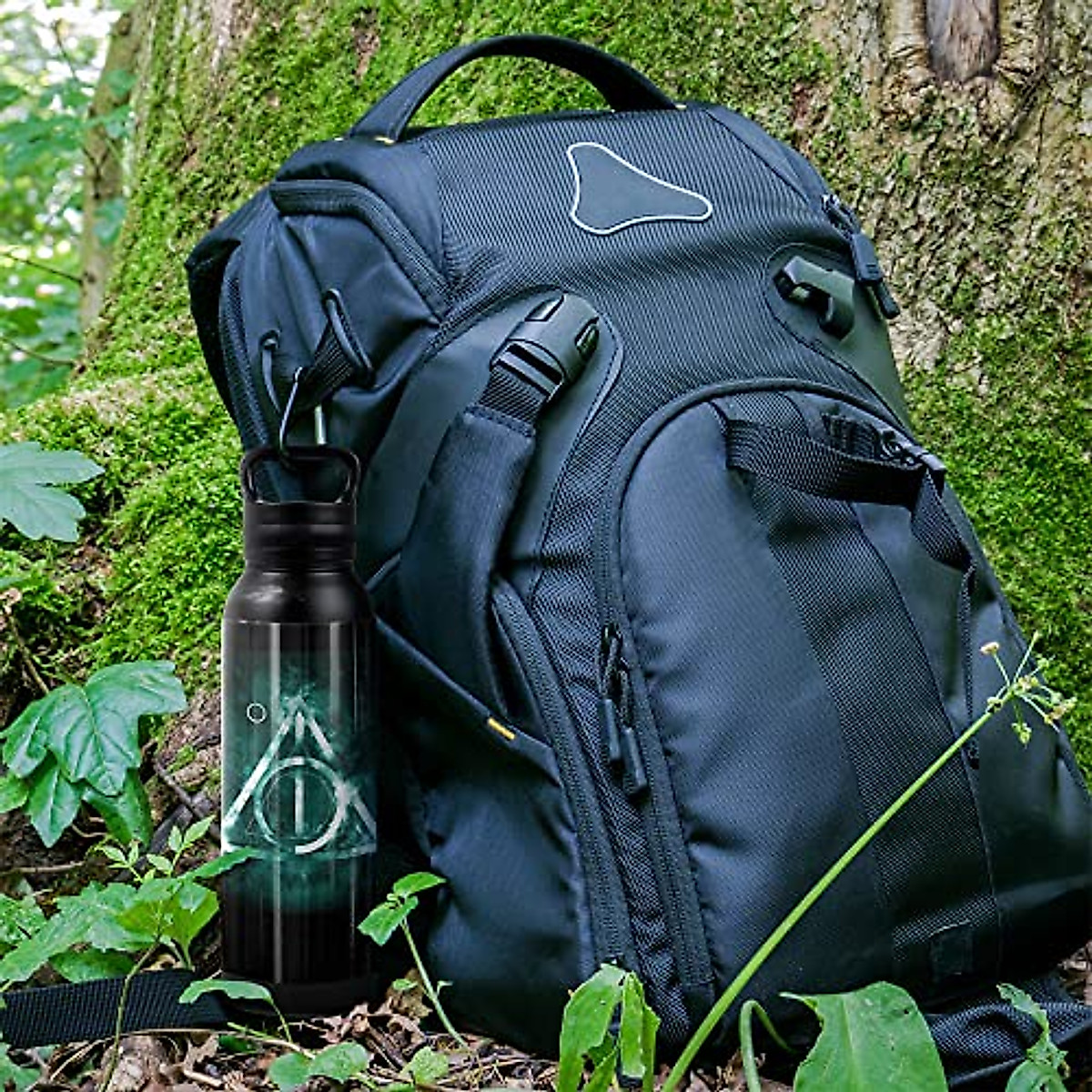 Harry Potter OFFICIAL Deathly Hallows Logo 24 oz Insulated Canteen Water Bottle, Leak Resistant, Vacuum Insulated Stainless Steel with Loop Cap, Black