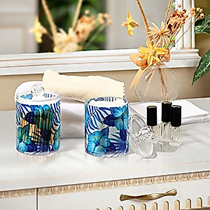 Fustylead 2 Pack Exotic Blue Hibiscus Flowers Qtip Holder Dispensers, Plastic Apothecary Jar Bathroom Accessories Set for Cotton Ball, Swab, Round Pads, Floss