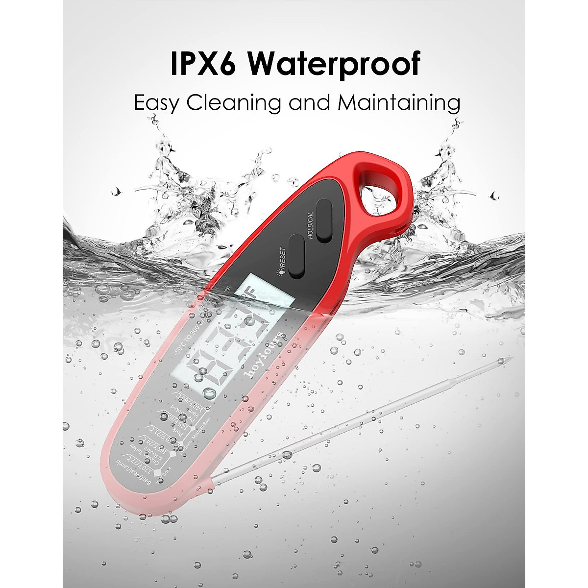 hoyiours Digital Meat Thermometer, Waterproof Instant Read Food Thermometer for Cooking with Foldable Probe, Backlight and Magnet, Kitchen Thermometer for BBQ, Roast Turkey, Grill, Baking