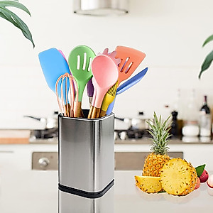 Stainless Steel Kitchen Utensil Holder for Countertop Large Utensil Caddy Organizer Rust Proof & Weighted Base for Stability, Rectangle Utensil Organizer, Cooking Utensil Holder Crock for All Kitchens