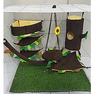 HOT! 7 Pcs/Set Cute Sugar Glider Hamster Marmoset Squirrel Chinchillas Small Pet Hanging Log + Edge Corner Dark Brown Cage Set Forest Pattern Get Free 1 Small Pet Treats, PB's REPUBLIX