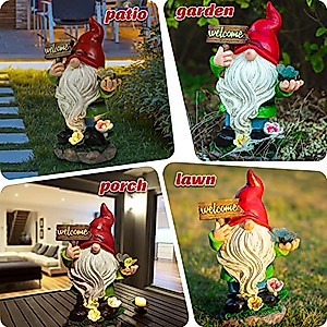 Ovewios Garden Gnomes Statue with Solar Lights, Large Garden Gnome Outdoor Funny Figurines Holding Welcome Sign and Bee Garden Decor for Outside Patio Yard Lawn Sculpture Ornament Gifts