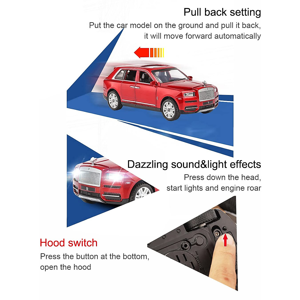 Red Rolls Royce Cullinan Toy Pull Back Vehicles Diecast Car Model with Light and Sound