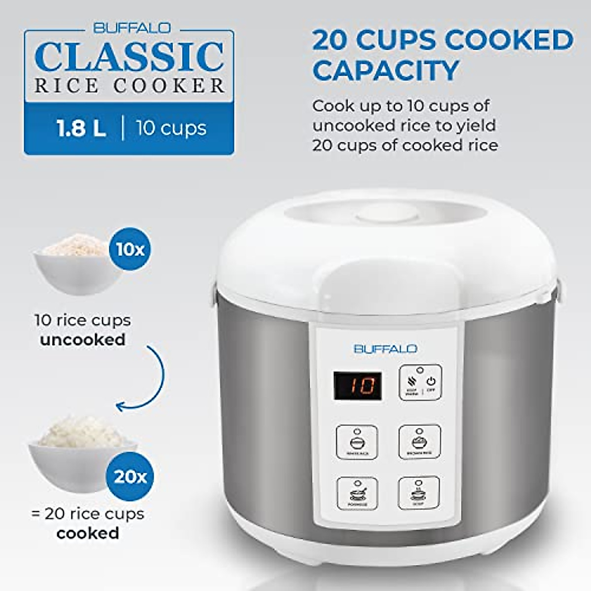 Buffalo Classic Rice Cooker with Clad Stainless Steel Inner Pot (10 cups) - Electric Rice Cooker for White/Brown Rice, Grain - Easy-to-clean, Non-Toxic & Non-Stick, Auto Warmer