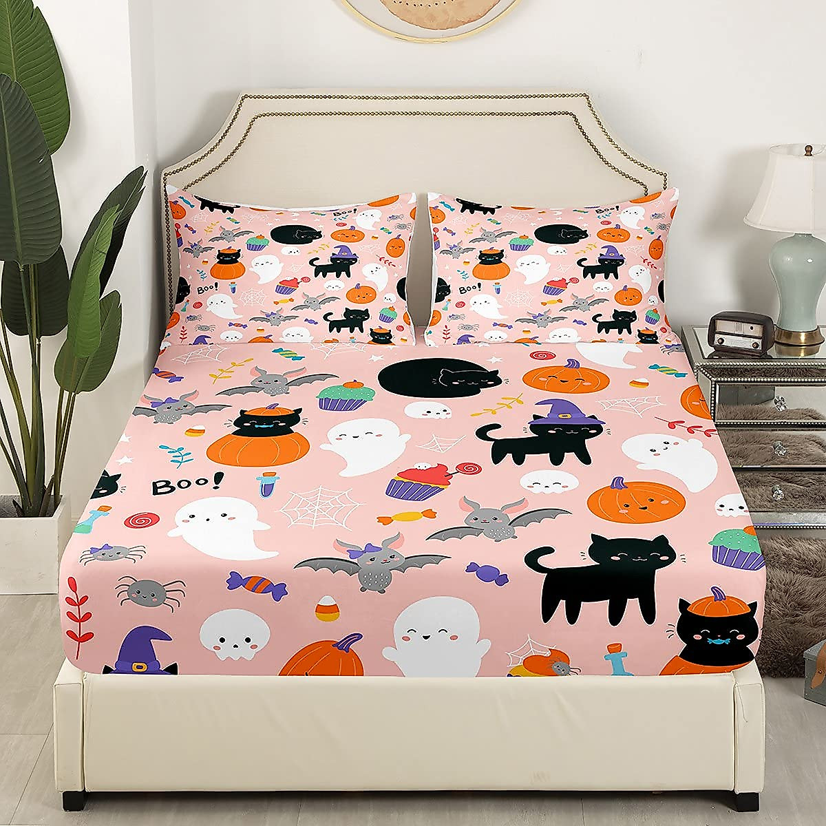 Erosebridal Happy Halloween Bedding Set Full Size Pumpkin Lantern Fitted Sheet, Cobwebs Castle Bed Sheet Set Spooky Cat Bat Bed Cover for Boys Girls Halloween Decor Halloween Decorations