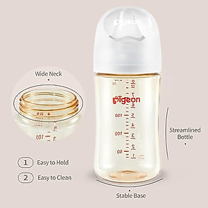 Pigeon PPSU Nursing Baby Bottle Wide Neck, Streamlined Body, Natural Feel, Easy to Clean, 8.1 Oz(Pack of 2), Includes 2pcs M Nipples (3m+)