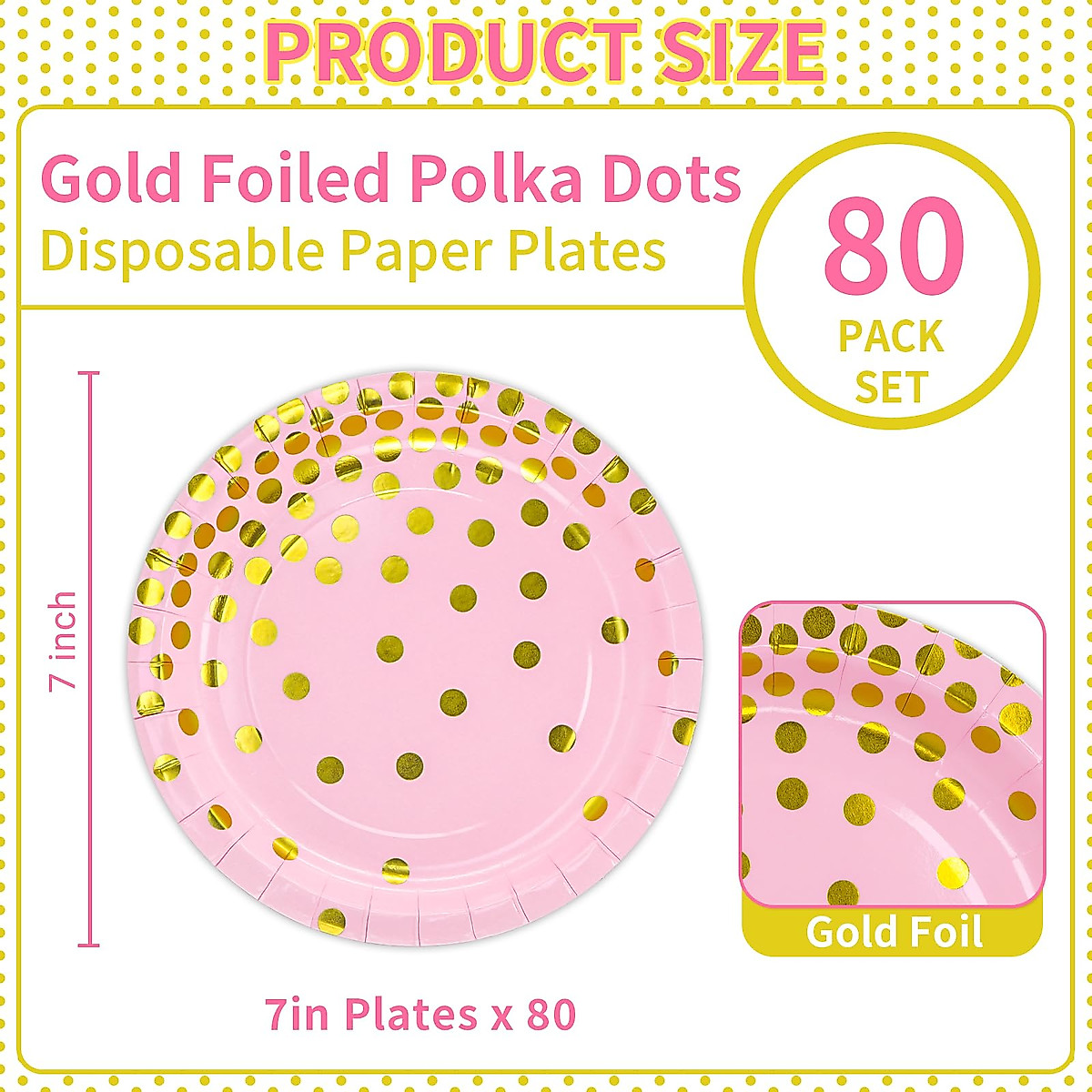 DYLIVeS 80 Count Pink and Gold Paper Plates, 7 inch Metallic Foil Polka Dots Disposable Dessert Party Plates Cocktail Party Supplies Plates for Birthday, Bridal Shower, Easter, Graduation Party