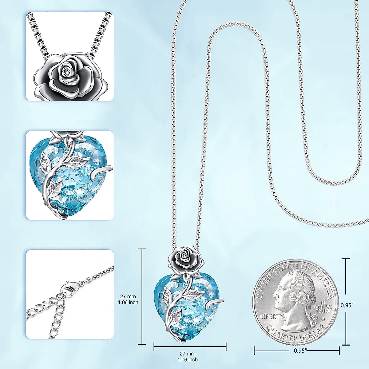 OCJ Aquamarine Necklace for Women March Birthstone Necklace 925 Sterling Silver Heart Rose Flower Pendant Jewelry Gifts for Women Her Mom Wife Daughter Friends Ladies Anniversary Birthday Gifts Ideas