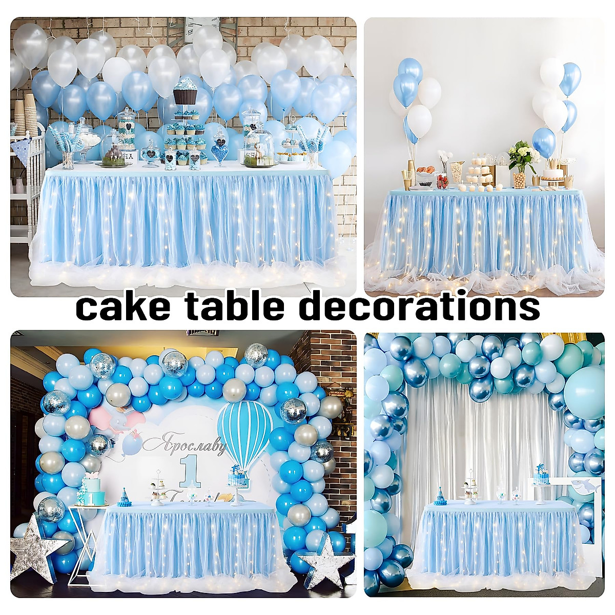 leegleri Baby Blue Tulle Table Skirt for Baby Shower,6FT Blue Ruffle Tutu Table Skirt with LED Light for Elephant Birthday Party Ocean Baby Shark Gender Reveal Cake Table Decorations