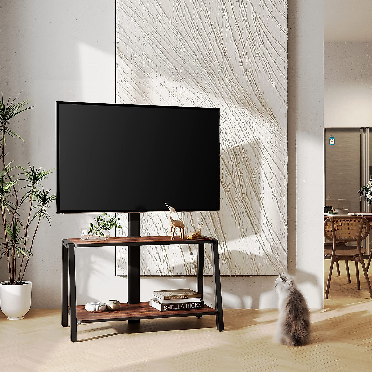 FITUEYES Wood TV Stand with Mount for 32-55 inch TVs, 2 Tier Entertainment Center with Storage for Bedroom & Corner, Tall Wooden TV Mount Stands & Metal Mount - Max Load 77lbs for Flat Screen