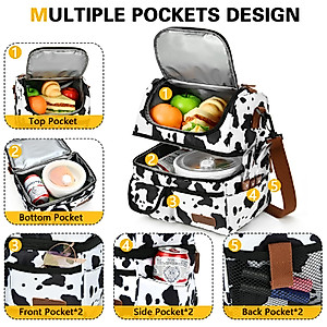 LOKASS Lunch Box for Women-Double Deck Insulated Adults Lunch Bag with Removable Shoulder Strap-Cow Print Cute Wide Open Lunch Tote for Work/Office/Picnic/Beach/Travel