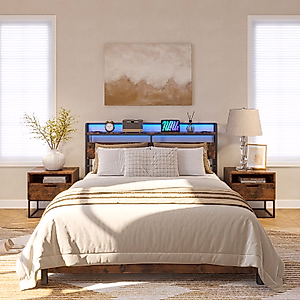 ELYKEN Queen Size Headboard Only with Power Outlet & Colorful LED Strip Light, Headboard for Adaptable Bed Frame Brackets Adapter, Heavy Duty Queen Headboard, Easy Assembly, Rustic Brown