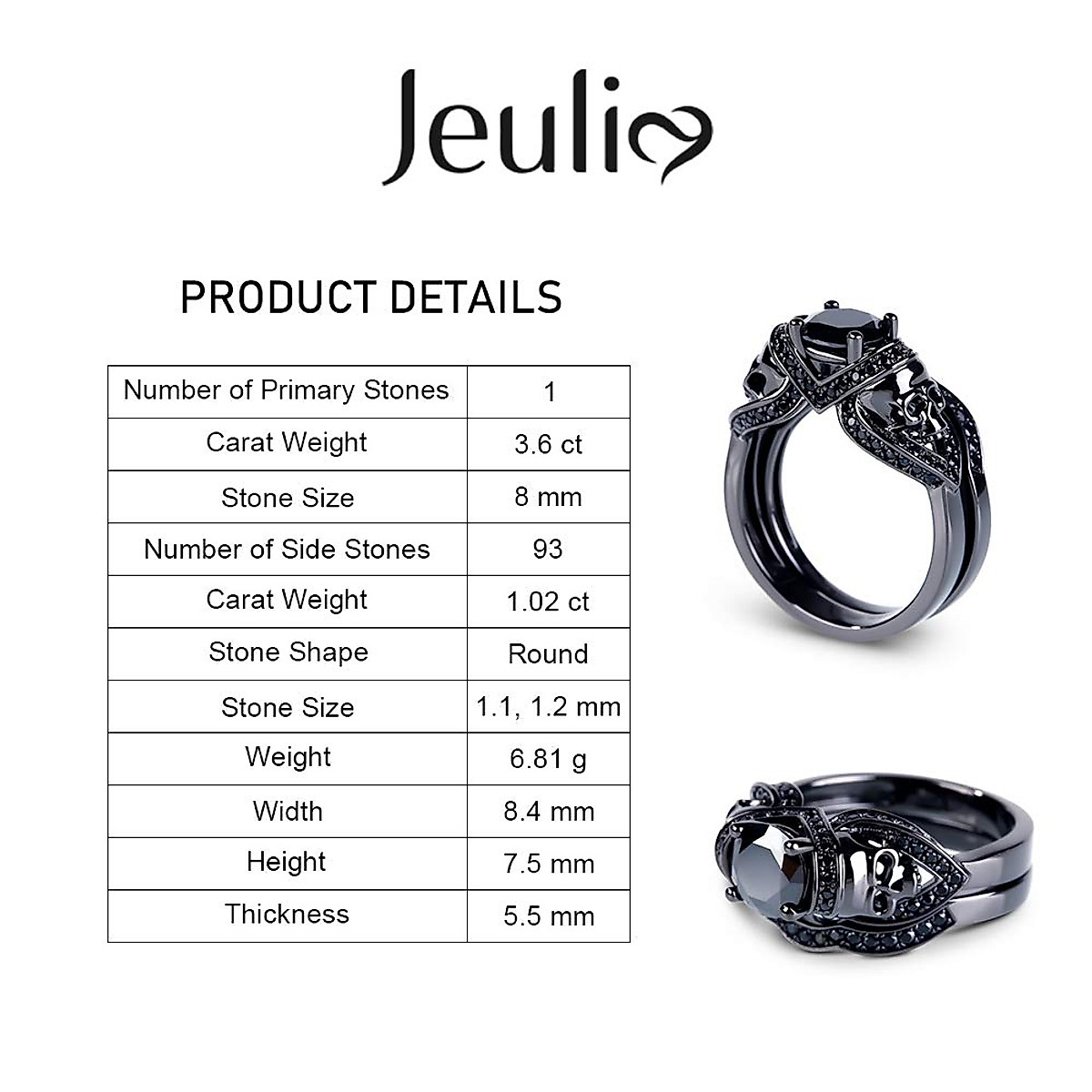 Jeulia 3.6 Carat Black Tone Skull Rings for Women Men Sterling Silver Round Cut Engagement Rings Bridal Sets Wedding Rings Cubic Zirconia Promise Engagement Anniversary with Jewelry Box (9.5)