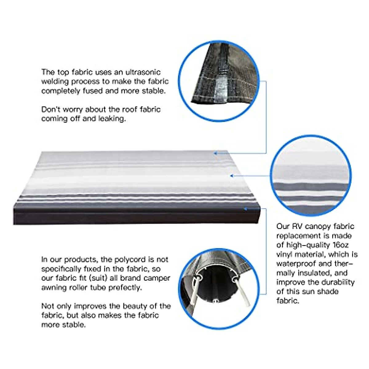 AWNLUX RV Awning Fabric Replacement Waterproof Vinyl Shade Screen for Awnings Camping Universal Fit Fabric Sun Shade UV Sun Blocker Canopy RV Awning Shade Shelter Gray Fade-10'(Fabric 9'2")