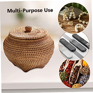 Rattan Box with Lid, 6.3x5.5 Inch Rattan Basket, Hand-Woven Round Woven Basket, Desktop Decorative Box Small Wicker Basket with Lid, Round Woven Seagrass Baskets, Little Handmade Rattan Storage