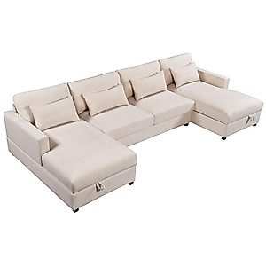 JULYFOX U Sectional Couch with 2 Storage Lounge Chaise, 128 inch Wider Sectional Sofa with 58 in Long Chaise Storage Box Underneath Thick Padded Seat Back Cushions Mid Century Modern,Beige