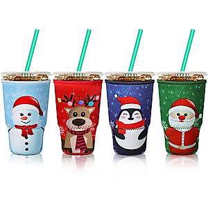 Patelai 4 Pieces Christmas Reusable Coffee Sleeve Cup Insulator for 30-32 oz Cold Drinks Beverages and Holder for Most Coffee