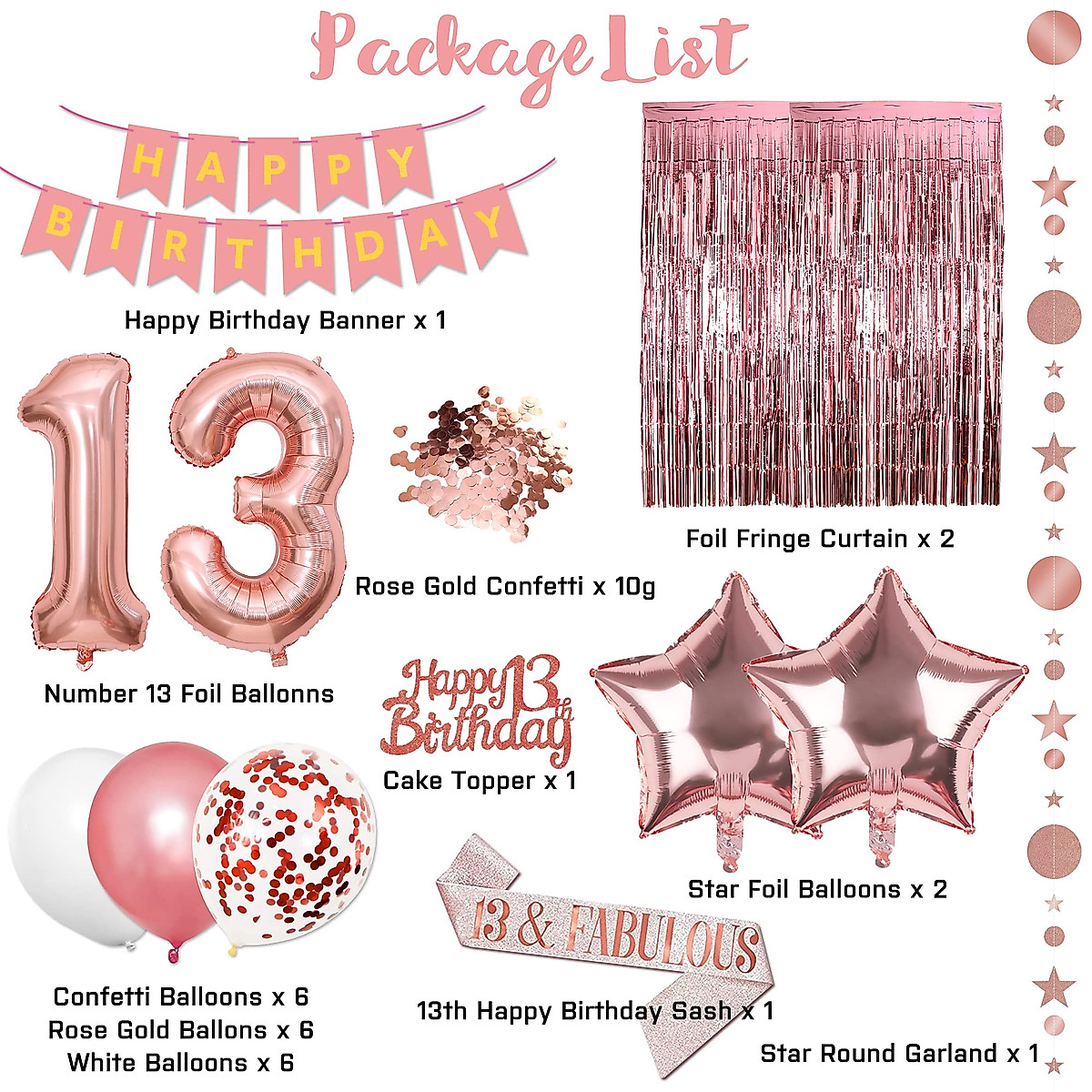 Yawagor 29 Pieces Rose Gold 13th Birthday Decorations for Girls, Happy Birthday Decor Set-13th Birthday Foil Balloons, Sash Fabulous, Cake Topper, Fringe Curtains Backdrop for Indoor Party Supplies