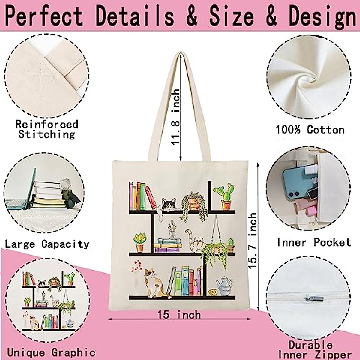 Fertkxsi Cute Cat Canvas Totes Bag Aesthetic for Women Floral plant Print Tote Bags book totes shopping travel beach bag