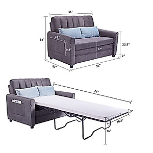 SURFLINE Pull Out Sofa Bed Sleeper Sofa Bed Loveseat Sleeper with Memory Foam Mattress Twin, Velvet Pull Out Couch with Storage Pocket and 2 Throw Pillows, Small Couch for Small Spaces Grey