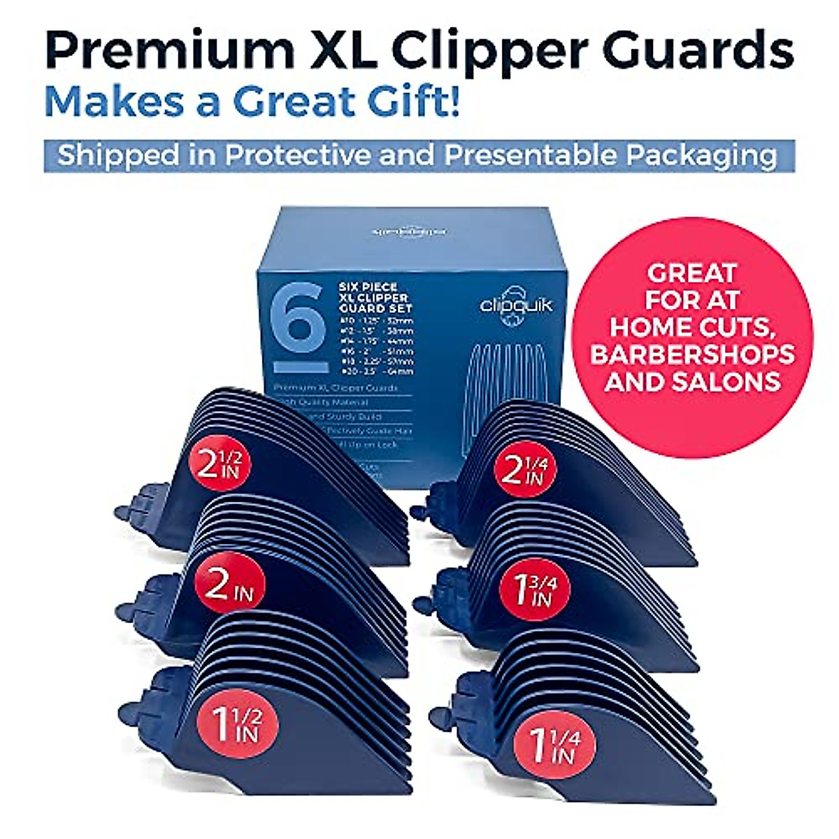 Clipquik Premium XL Clipper Guards, Strong & Sturdy 2.5 inch, 2.25", 2", 1.75", 1.5", 1.25" (#20, #18, #16, #14, #12, #10) Extra Long, Large Guide Comb Set Fits Most Wahl Full Size Hair Clippers
