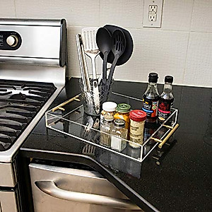 Isaac Jacobs Clear Acrylic Serving Tray (11x14) with Gold Metal Handles, Spill-Proof, Stackable Organizer, Food & Drinks Server, Indoors/Outdoors, Lucite Storage Décor (11x14, Clear with Gold Handle)