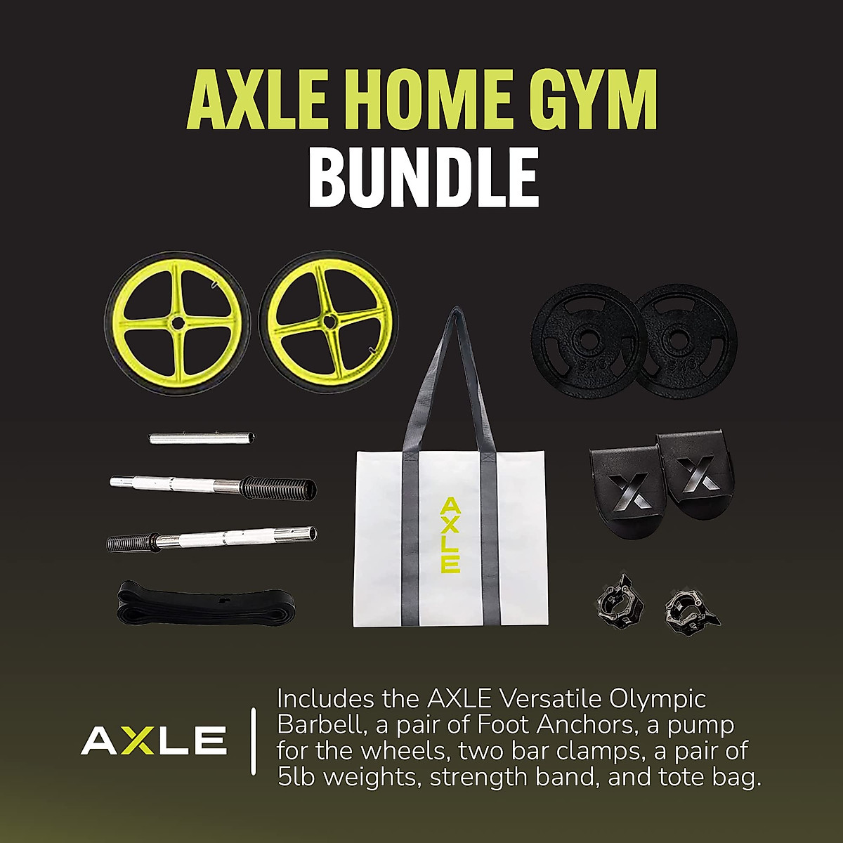 AXLE Home Gym Bundle Workout & Exercise Equipment, Olympic Barbell Weights Set, Two 5lbs Weight Plates, Resistance Band, Foot Anchors, & Tote Bag for Fitness & Strength Training for Men, Women & Youth